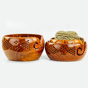 Premium Rosewood Crafted Yarn Storage Bowls with Decorative Carved Handmade Grills - Knitting & Crochet Accessories Supplies (Set)