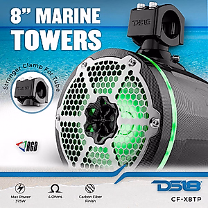 DS18 Hydro CF-X8TP 8" Marine Towers with Integrated RGB LED Lights - High Performance, Marine Grade IP65 Rated, UV Stable, 375 W Max 125 W RMS 4 Ohms (Pair)