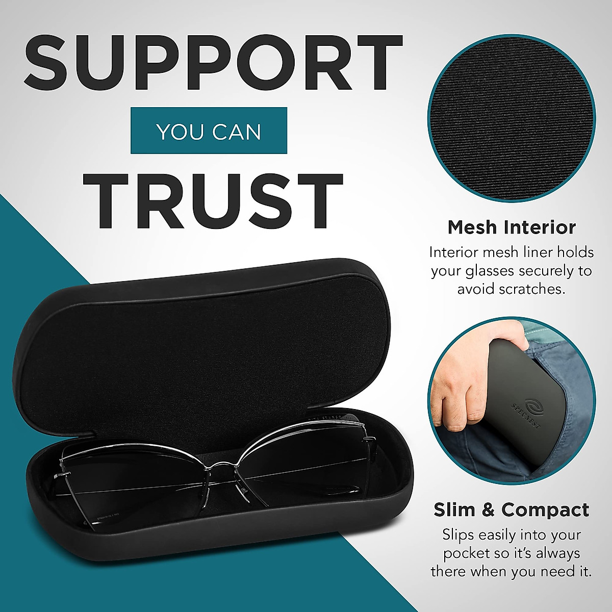 SpecNest SunGlasses Case - Vegan Leather Sunglass Holder with Mesh Foam to Cradle Sunglasses Securely - Hard Eyeglass Case with Metal Construction - Designed by Optical Professionals