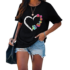 Sunidol Womens Dog Mom Shirts Cute Dog Paw Print Mother's Day Multicolor Heart Graphic Short Sleeve Crewneck Casual Pullover Tops Black XXL