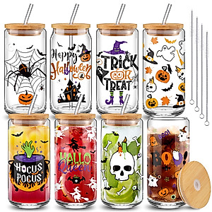Umigy 8 Pcs 16oz Halloween Glass Tumbler Halloween Iced Coffee Cup with Bamboo Lids and Glass Straw Halloween Party Gift Spooky Pumpkin Bat Mason Glass Cup Cute Ghost Skull Glass Cup