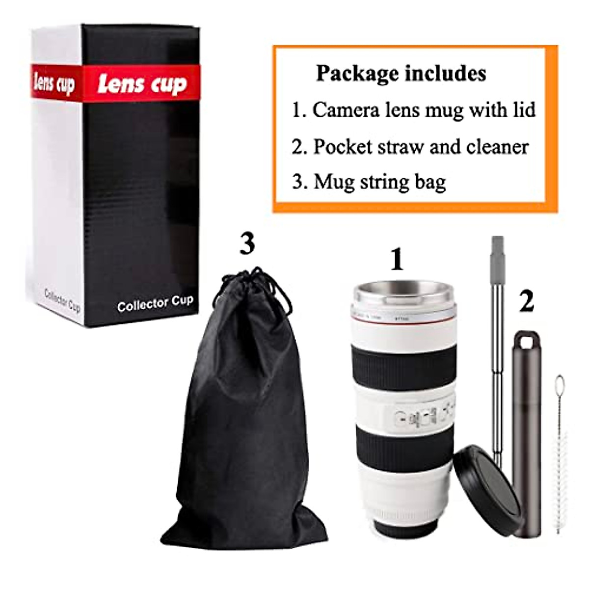 THUMB UP Camera Lens Coffee Mug,Camera Lens Mug,Fun Photo Coffee Mugs Stainless Steel Lens Mug Thermos Great Gifts for Photographers,Home Supplies,Friends,School Rewards (White)