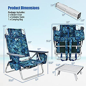 BETTARY Backpack Beach Chairs Set, 5-Position Lawn Chair & Small Aluminum Table w/Cup Holder, Cooler Bag, Heavy Duty Lay Flat Folding Camping Chairs 3PCS for Fishing & Sunbathing