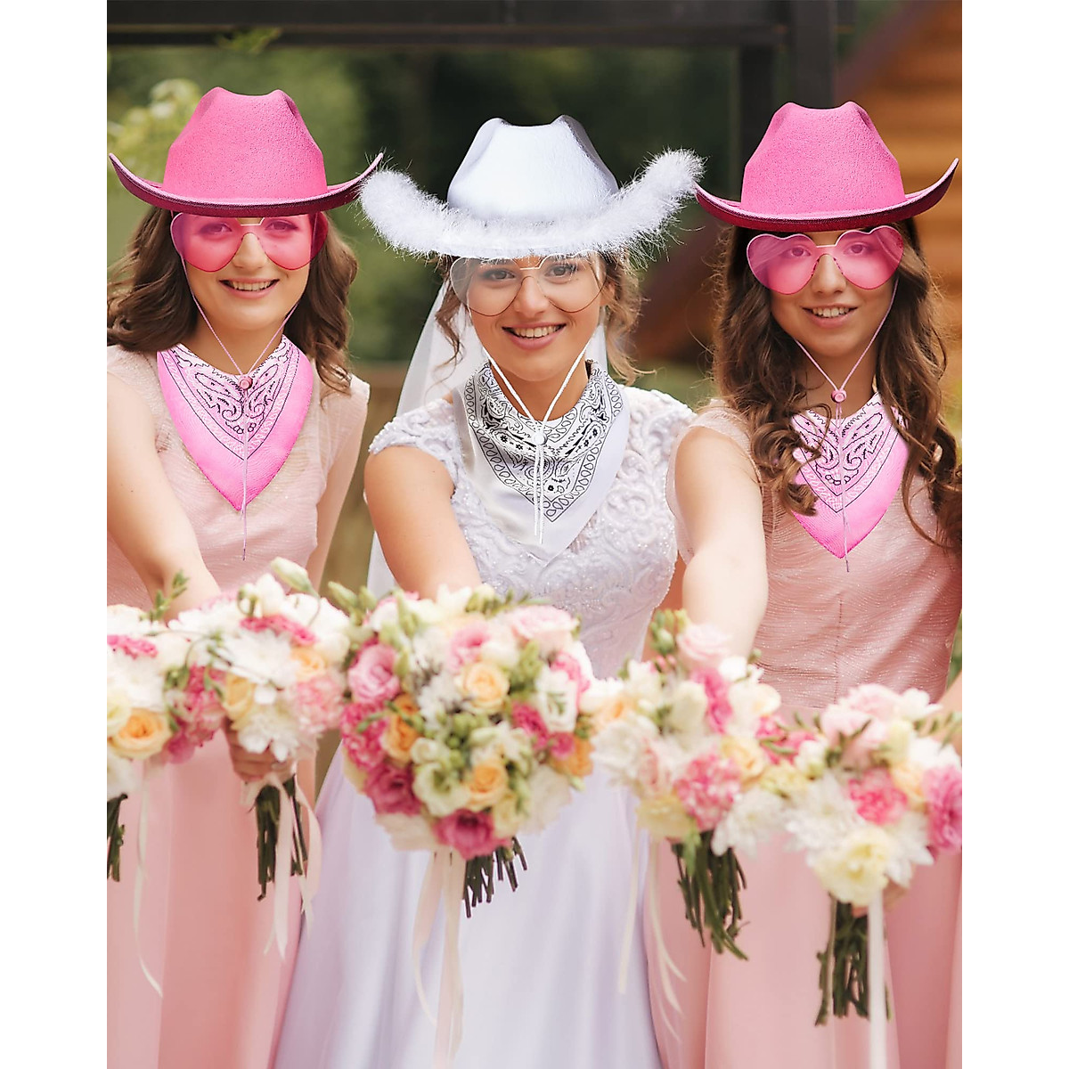 Jecery Bachelorette Party Set: Bride Cowgirl Hat with Veil, 5 Pink Hats, 6 Heart Sunglasses, and 6 White & Pink Bandanas for Last Rodeo