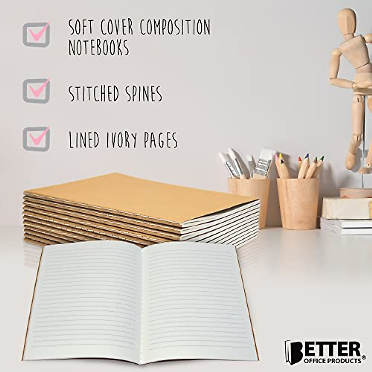 Kraft Notebooks with Lined Paper, Bulk Pack 8.3 in x 5.5 in, A5 Size, 60 Lined Ivory Pages, 80 gsm, by Better Office Products, Soft Cover Composition Notebooks, Stitched Spines, Kraft Travel Journals (12 Pack)