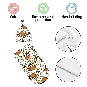 Cute Sloth Newborn Swaddle Blanket and Hat Set Boy Girl, Soft Stretchy Baby Receiving Blanket Sleep Sack for Infants Gift