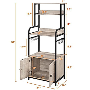 Yaheetech 4-Tier Kitchen Bakers Rack with Storage Cabinet and Hutch, Microwave Oven Stand Coffee Bar Pantry Cabinet with 8 S Hooks, Freestanding Kitchen Shelves Spice Rack, Gray