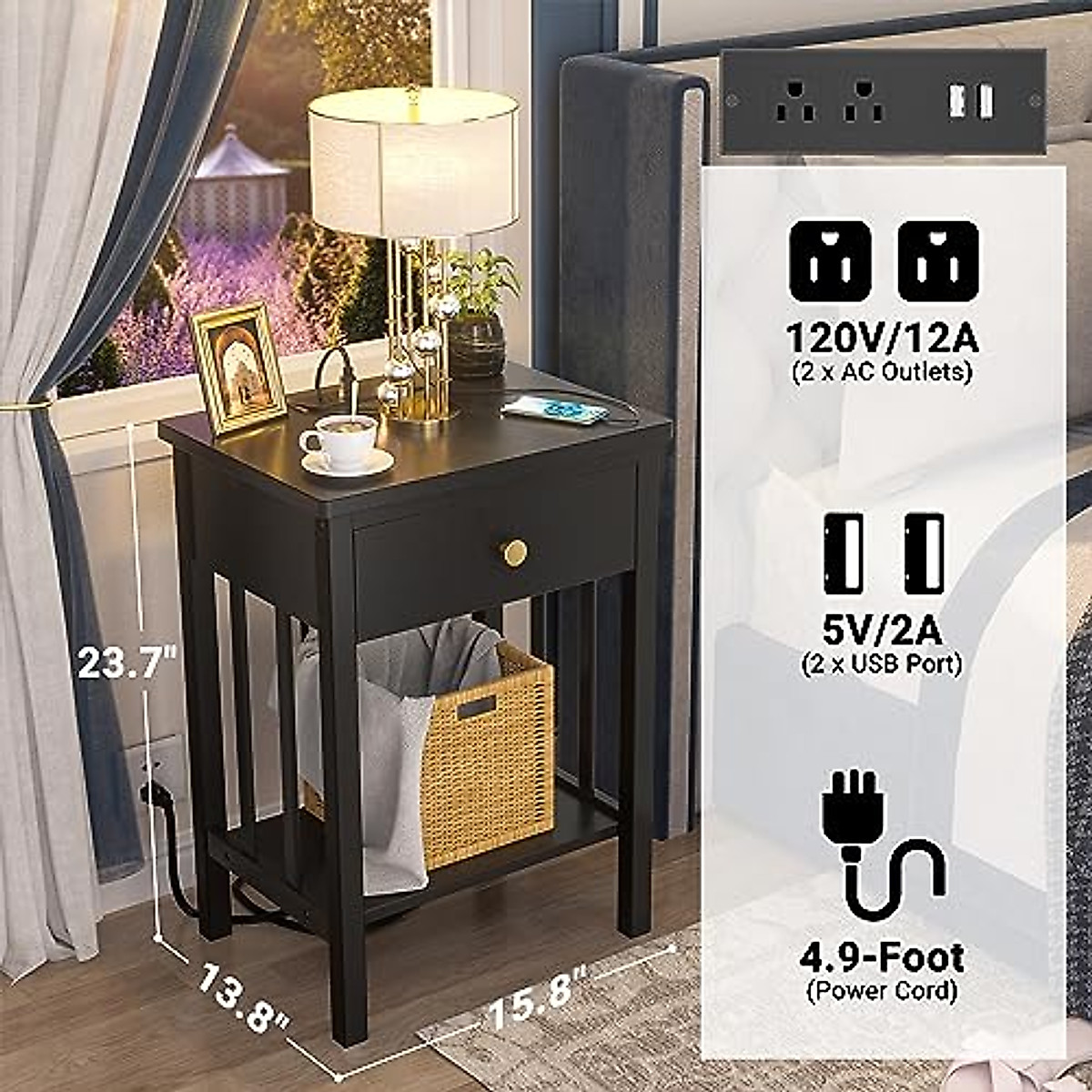 Hoiplu Black Nightstand with Charging Station Set of 2, Bamboo Night Stand Bedside Table with 2 USB Port and Outlet, Real Wood End Table Farmhouse Side Table with Drawer for Bedroom, Living Room