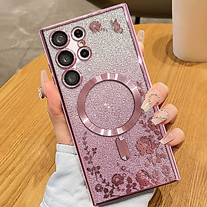 LSL Magnetic Case for Samsung Galaxy S23 Ultra with Camera Protection [Compatible with MagSafe][Strong Magnetic] Luxury Plating Soft TPU Shockproof Glitter Flower Phone Case for Women Girls, Pink