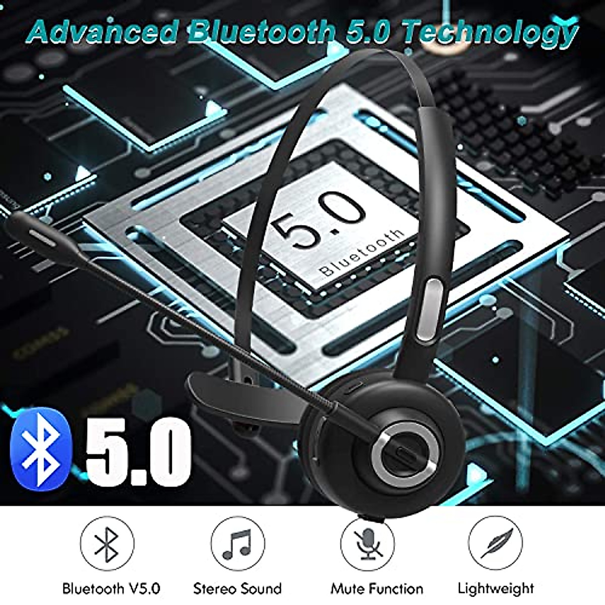 Wireless Headset,Trucker Bluetooth Headset with Mic,Noise Cancelling On Ear Bluetooth Headphones with Charging Base,Talk in Clarity Pro for Office Buiseness Home PC iPhone