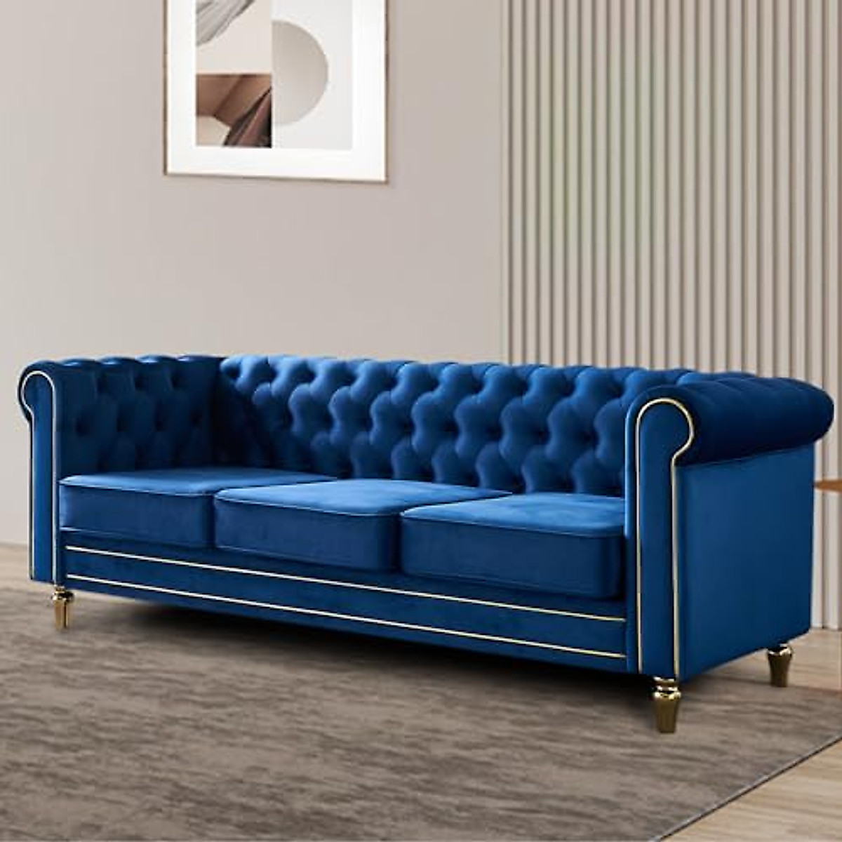 NIOIIKIT 84.65” Chesterfield Velvet Sofa, Button Tufted Upholstered Couch with Scroll Arms, 3 Seater Long Couch for Living Room, Bedroom, Office, Apartment (Chesterfield, Blue)
