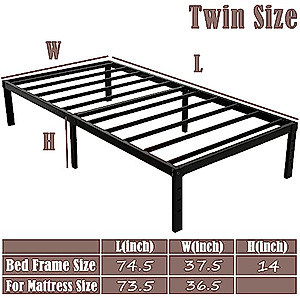 caziwhave Twin Bed Frame 14 Inch High Max 3500 lbs Heavy Duty Metal Mattress Foundation Platform Sturdy Steel Slat Support Twin Size No Box Spring Needed Easy to Assembly Noise Free Non Slip