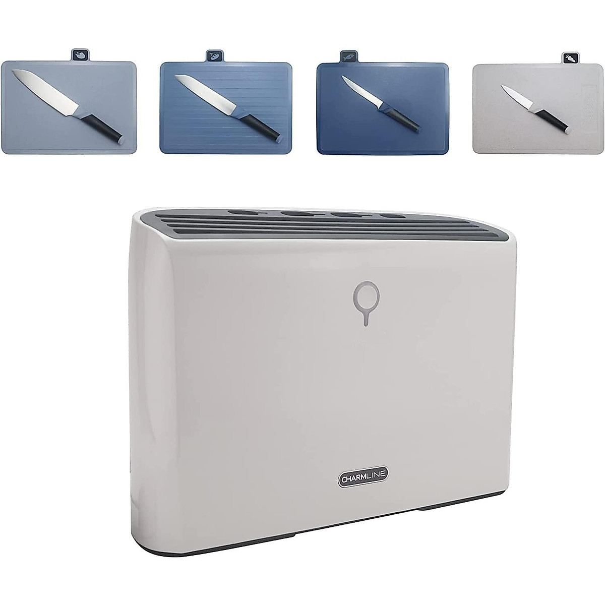 Charmline Smart Cutting Board And Knife Set With Holder, 4 Color Coded Chopping Boards, 4 Knives, Drying Holder Organizer For Kitchen, Smart Home Gadgets,Blue