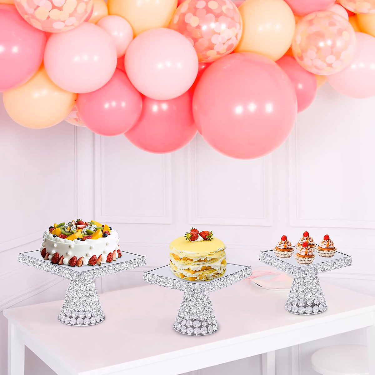 3 Piece Dessert Stand Cake Plate,Crystal Plated Cheese Dessert Cupcake Cake Stand with Mirror Plate-Silver Square