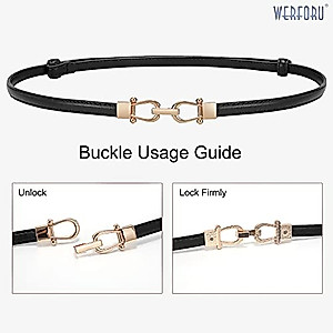WERFORU Women Skinny Belt for Dress,Thin Waist Belt - Adjustable Leather Belt with Gold Buckle, Black, Fit Waist Size below 37 Inches