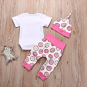 3Pcs/Set Newborn Baby Girls Outfit Auntie Bodysuit Romper with Headband+Donuts Long Pants Clothes Set (Pink, 0-6M)
