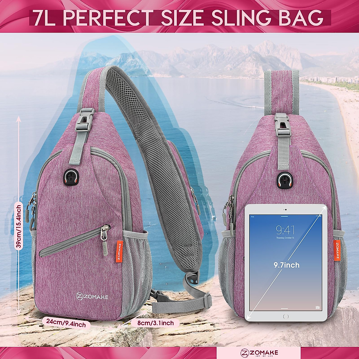 ZOMAKE Small Sling Bag-Travel Sling Backpack, Waterproof Hiking Cycling Crossbody sling pack for Men Women(Purple)