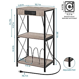Vrisa 3-Tier Vinyl Record Storage Shelf Record Player Stand with Charging Station, Grey
