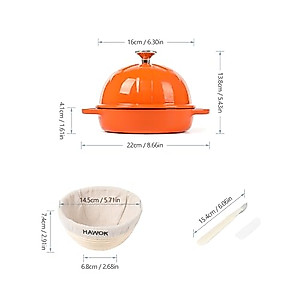 HAWOK Cast Iron Bread Cloche, Dia. 6.3inch/16cm, with Proofing Basket and Dough Scoring Knife, Sourdough Baking Pan Enameled Orange