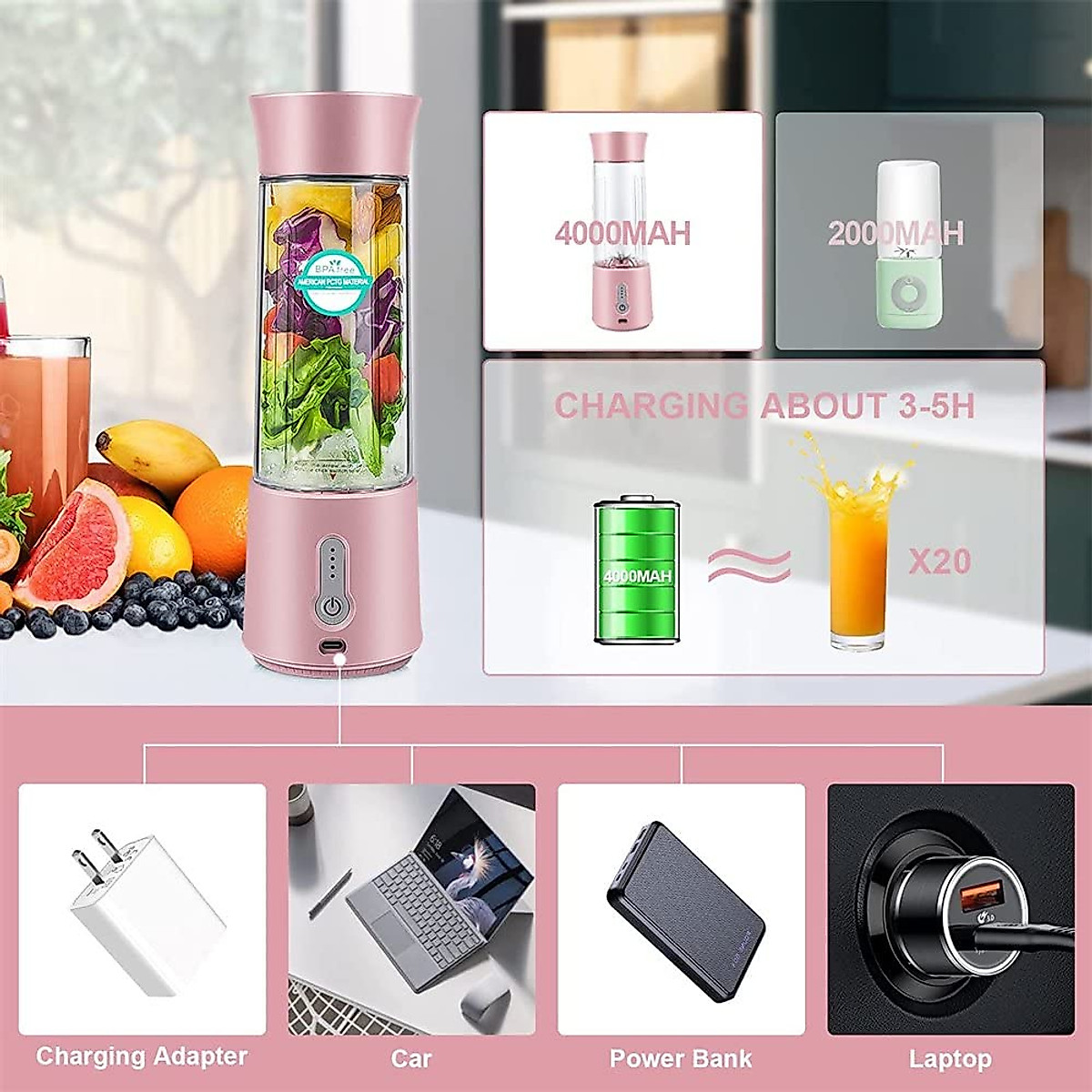 Smart Portable Blender - 17Oz Personal Blender for Smoothies and Shakes| 4000mAh Rechargeable USB Blender with 6 Blades| Blender for Sports ,Travel,Gym ,Fruit Juice Mixer, Home, Office, and Outdoors (Pink)