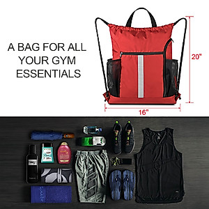 BeeGreen Red Drawstring Backpack Gymsack Bag with Shoe Compartment and Two Side Mesh Pockets Lightweight Durable Sports Cinch Sackpack 1 Pack for Women Men Workout Swim