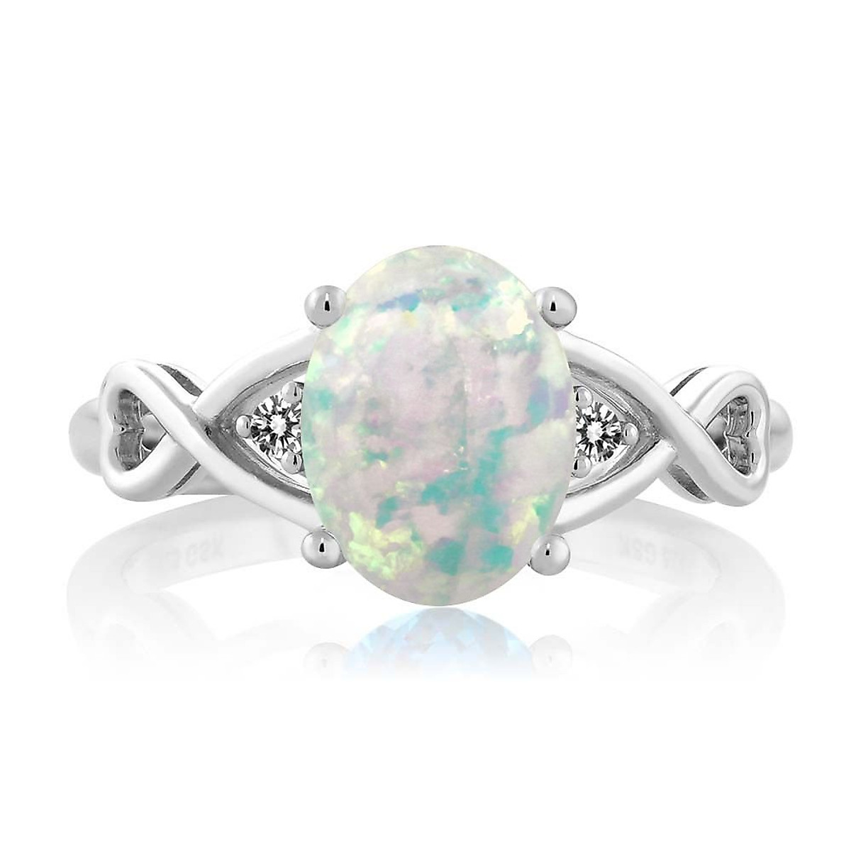 Gem Stone King 925 Sterling Silver Cabochon White Simulated Opal and White Diamond Ring For Women (0.66 Cttw, Available in size 5, 6, 7, 8, 9)