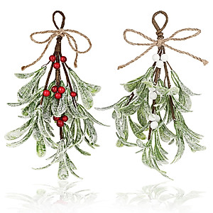 TIESOME Christmas Mistletoe Decor, 2 Pcs Artificial Mistletoe Ornament Mistletoe Hanging Decorations Glitter Christmas Tree Accessories Artificial Dry Leaf Hanging Decoration for Tree Door