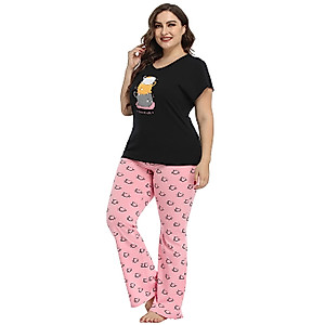 HDE Plus Size Pajamas for Women Pajama Set Two Piece Loungewear PJ Sets Love Cat Naps - 3X