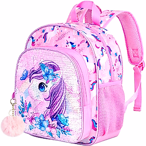 KLFVB Toddler Backpack for Girls,Cute Unicorn Bookbag for Little Kids,12” Sequin Kindergarten Preschool Schoolbag