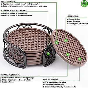 Drink Coasters Set of 6 Packs with Holder - Round Black BPA Free Silicone with Metal Iron Coaster Case Non-Slip Bottom Fits Any Size Cup Mug or Glasses (Brown)