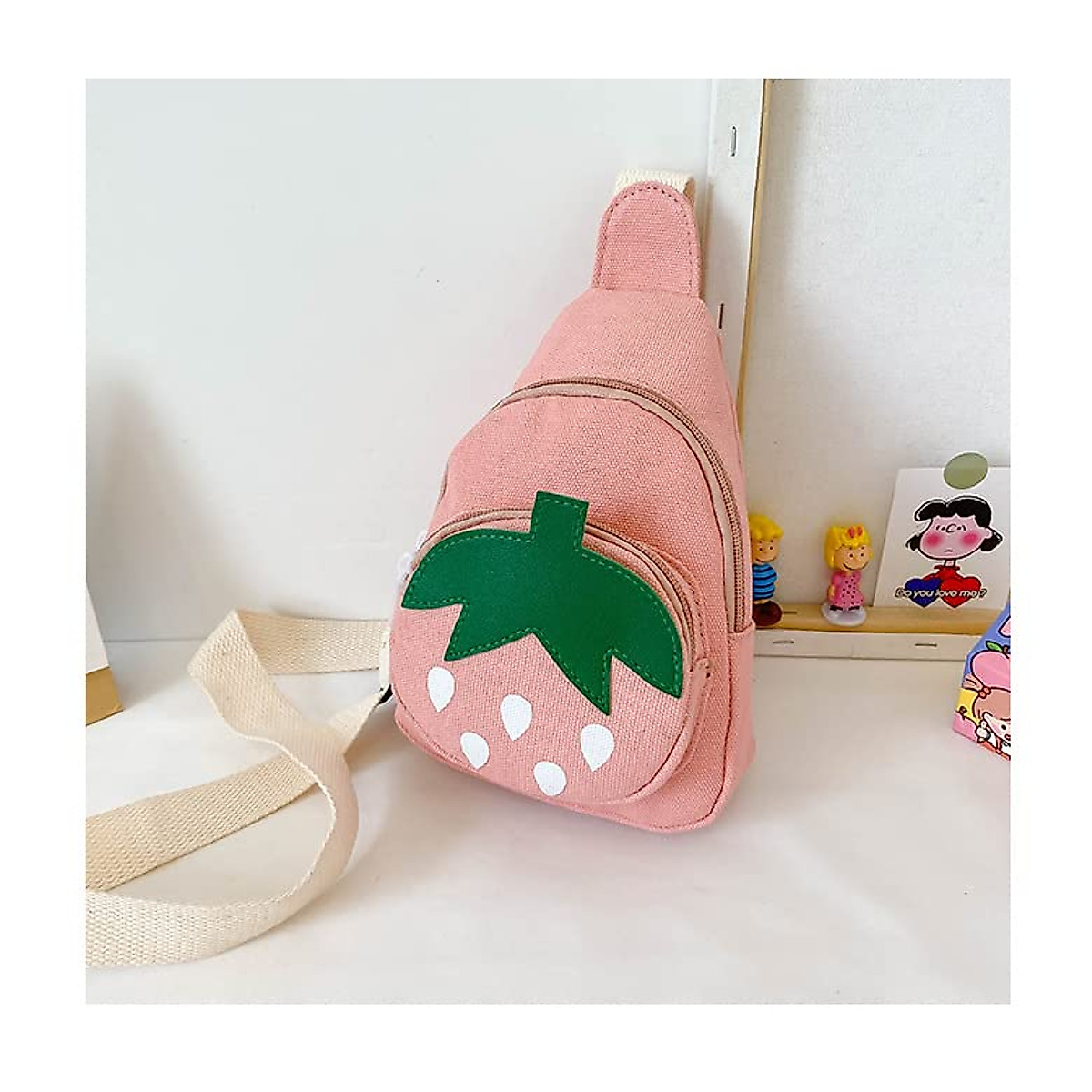 Hiflyer Pink Strawberry Sling Backpack, Small Backpack for Girls, Kawaii Bag, Lightweight Canvas, Adjustable Shoulder Strap, Zipper, 8x5x2 inches