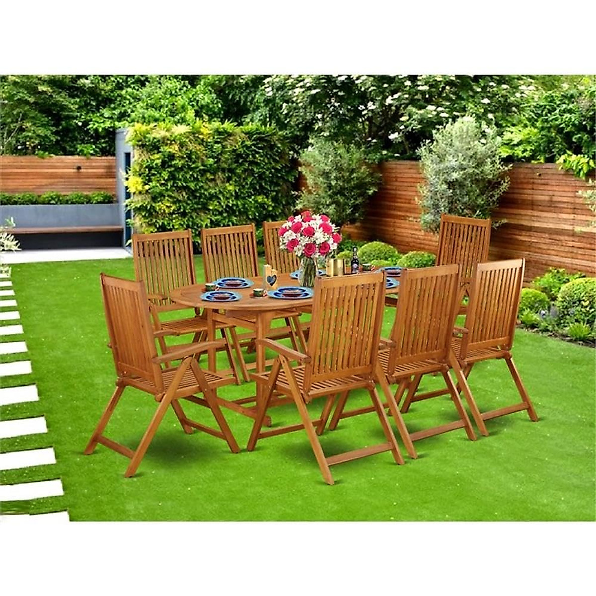 East West Furniture BSCN9NC5N Beasley 9 Piece Patio Bistro Dining Furniture Set Includes an Oval Outdoor Acacia Wood Table and 8 Folding Adjustable Arm Chairs, 36x78 Inch, Natural Oil