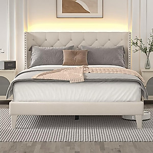 DOGIBIXO Queen Size Bed Frame with LED Lights, Upholstered Bed Frame with Wingback Diamond Tufted Headboard, Wood Slats Support, Noise-Free, Easy Assembly, No Box Spring Needed, Beige