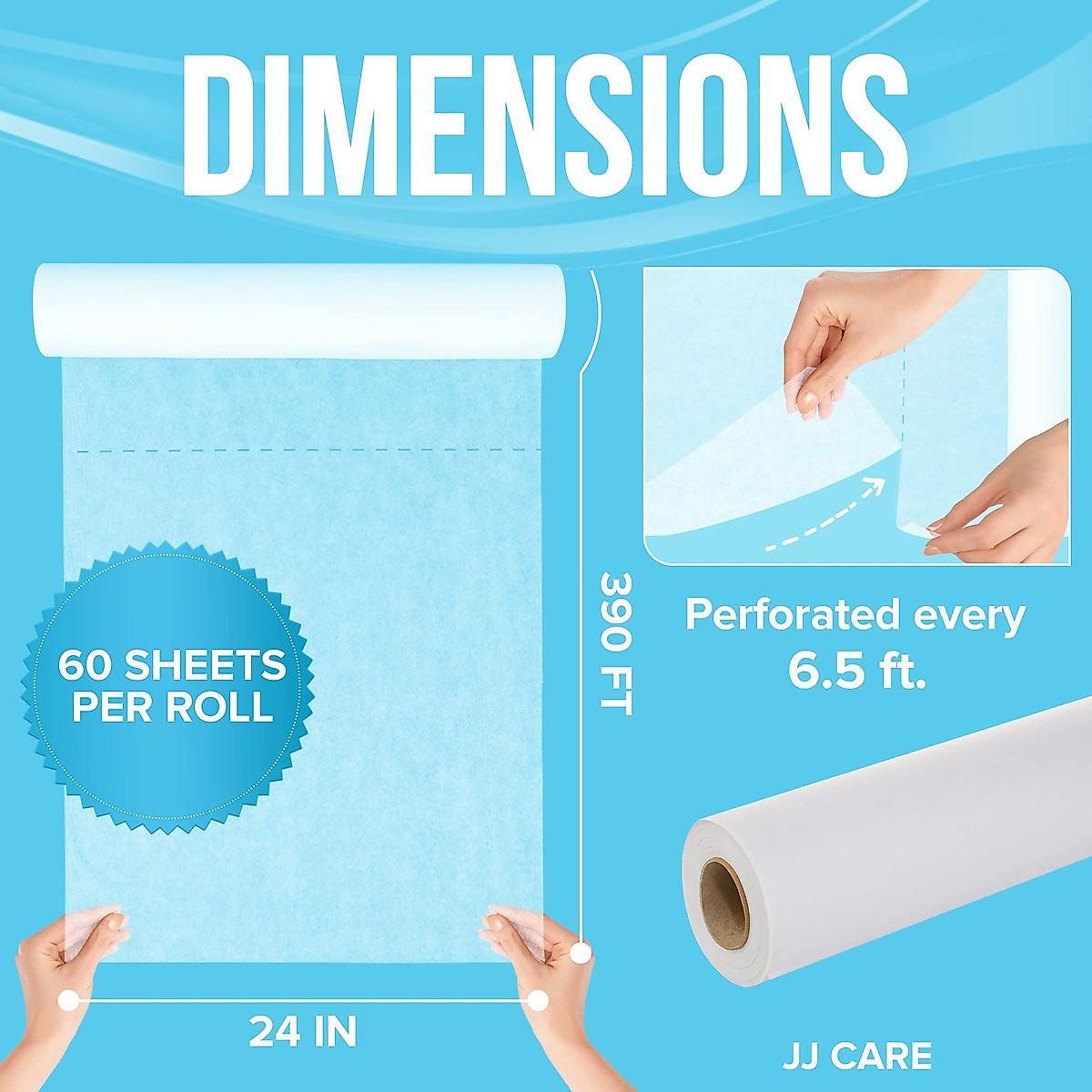 JJ CARE Disposable Massage Table Sheets - 60 Sheets [24" x 390 feet, 1 Roll] - 50% Thicker Perforated Massage Bed Cover, Non-Woven Disposable Roll for Massage Table for Waxing, Facial, Tattoo, & Spa
