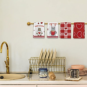 ABTOLS Valentine Kitchen Towel 4 Pieces Valentine's Day Heart Towels Red Love Cat Valentine Dish Towels Romantic Heart Kitchen Towel Soft Heart Dish Towels Kitchen Tea Towels for Home Kitchen