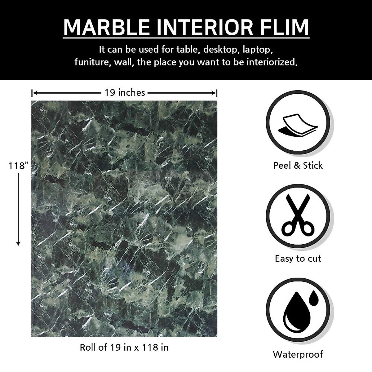 Kitchen Countertop Cabinet Furniture Peel and Stick Wall Vinyl Marble Self Adhesive Paper Granite Look Effect Gloss Vinyl Film 19''x118'' (Deep Green)