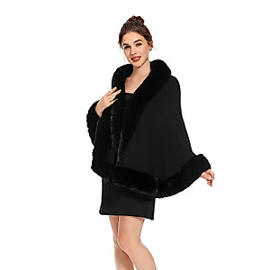 ZLYC Women Winter Faux Fur Shawl Stole Warm Wrap Cape (Black)