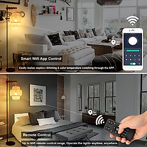 Stepeak Boho Floor Lamp with Remote, Farmhouse Dimmable Rattan Standing Lamp with Smart Blub, Bamboo Lampshade, App Control, Wood Black Tall Lamps for Living Room Bedroom Office, 9W LED Bulb Included