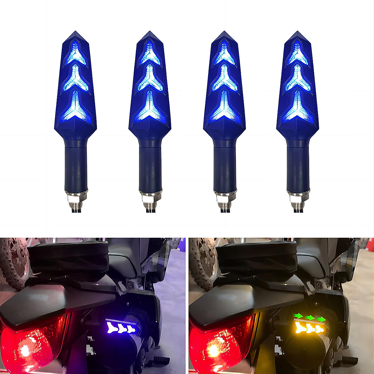 GKmow 4 PCS 12V LED Motorcycle Turn Signals Light, Motorbike Universal Y Shape Flowing Indicator Lights, Daytime Running Light for Motorcycle Motorbike Scooter Quad Cruiser Off Road (Blue)