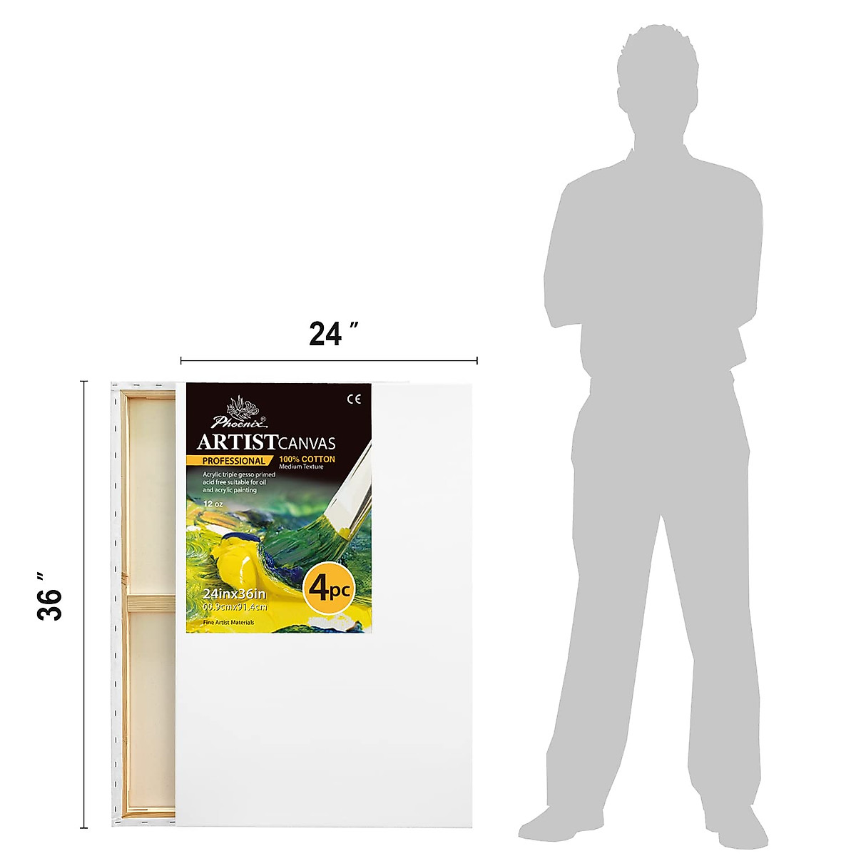 PHOENIX Extra Large Blank Canvas 24x36 Inch - 4 Pack 100% Cotton 12 oz. Triple Primed Pre Gessoed White Stretched Canvases for Painting - Ready to Paint Art Paint Canvases for Oil & Acrylic Paints