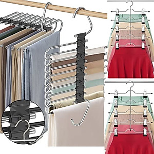 2 Pack Upgrade 9 Layers Pants Jeans Hangers Space Saving+2 Pack Skirt Hangers Stainless Steel Multifunctional Clothes Pant Rack Dorm Room Essentials Closet Hanger Organizer for Pants Trousers Skirts