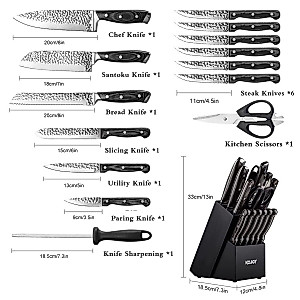 16-Piece Kitchen Knife Set,Ergonomic Wood Handle for Chef Knife Set,Knife Block Set for Chopping,Bread Knife,Santoku Knife,Knife Sharpening And Paring Knife & More,Unique Hammered Design