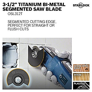 BOSCH OSL312T 3-1/2 In. Starlock Oscillating Multi Tool Grout & Abrasive Titanium-Coated Bi-Metal Segmented Saw Blade for Applications in Wood, Wood with Nails, Drywall, PVC, Metal (Nails and Staples)