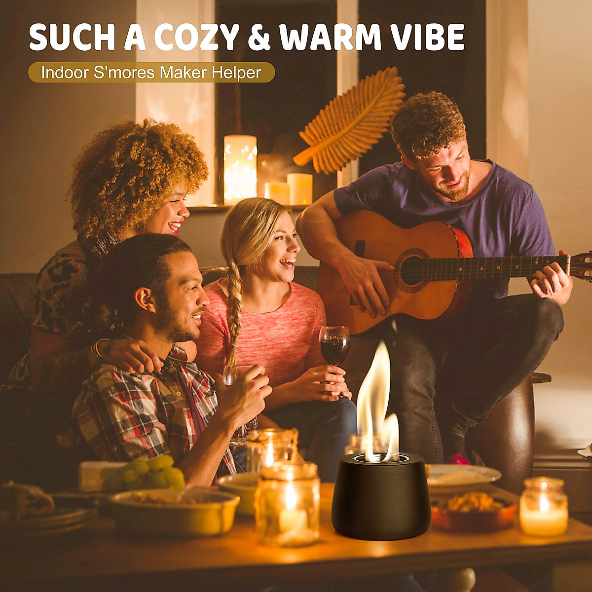 Indoor Tabletop Fire Pit Bowl - Portable Personal Table Top Small Mini Rubbing Alcohol Round Cast Iron Firepit Fireplace Outdoor Smores Maker with Lid, Black