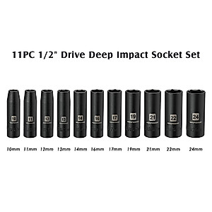 MIXPOWER 11 Pieces 1/2-Inch Drive Deep Impact Socket Set, 10-24mm, CR-V, Metric, 6 Point, Deep, 11 Pieces 1/2" Dr. Deep Metric Socket