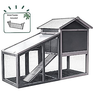 HAPPAWS Rabbit Hutch Cage w/Hay Feeder, 58 Inch Bunny Cage Condo Wooden Quail Chicken Coop, Indoor Outdoor Hen Pet House w/Removable Tray, Ramp, Waterproof Roof, Lockable Doors for Small Animals