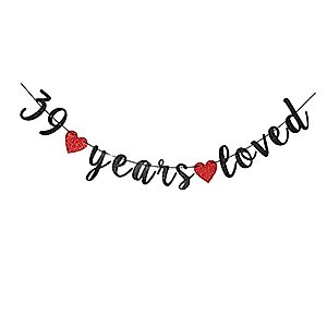 39 Years Loved Black Paper Sign for Adult's 39th Birthday Party Supplies, 39th Wedding Anniversary Party Decorations