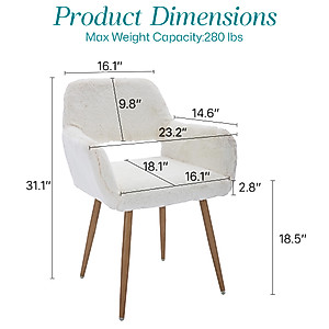 Homedraft Home Office Faux Fur Dining Chair, Fluffy Makeup Vanity Chair, Comfy Accent Armchair with Wood Grain Metal Legs, Cute Desk Chair with Hollowed Back, White