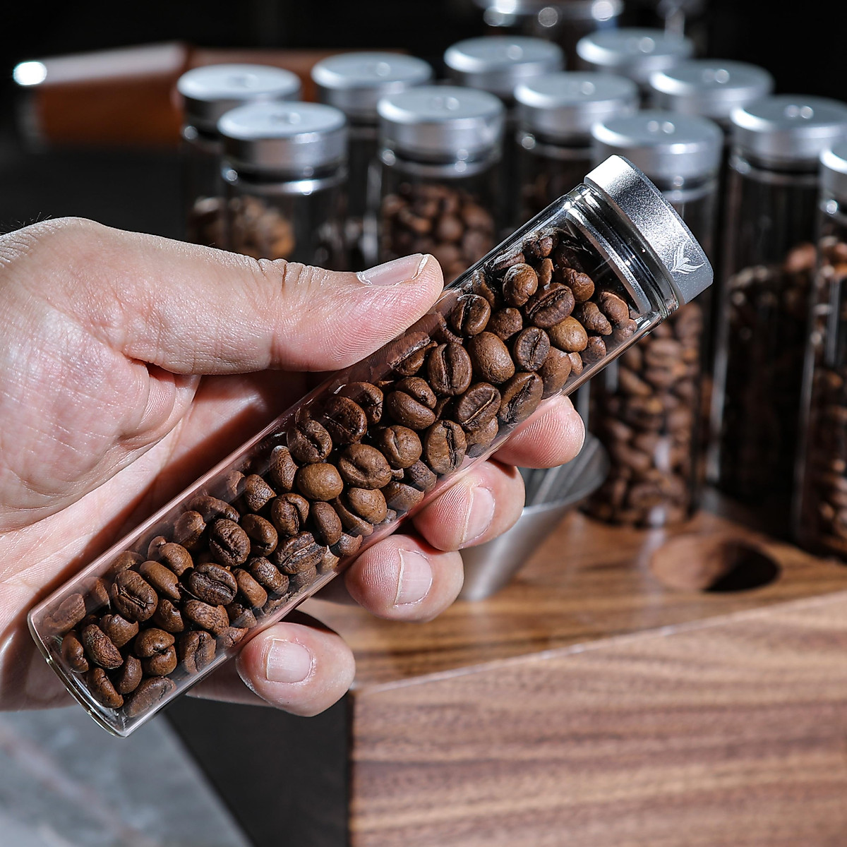 KNODOS Single Dose Coffee Bean Storage Tubes 12 pcs Glass Espresso Dosing Vials with One-Way Exhaust Valve Lids, Walnut Stand & Stainless Steel Funnel Coffee Bean Cellar
