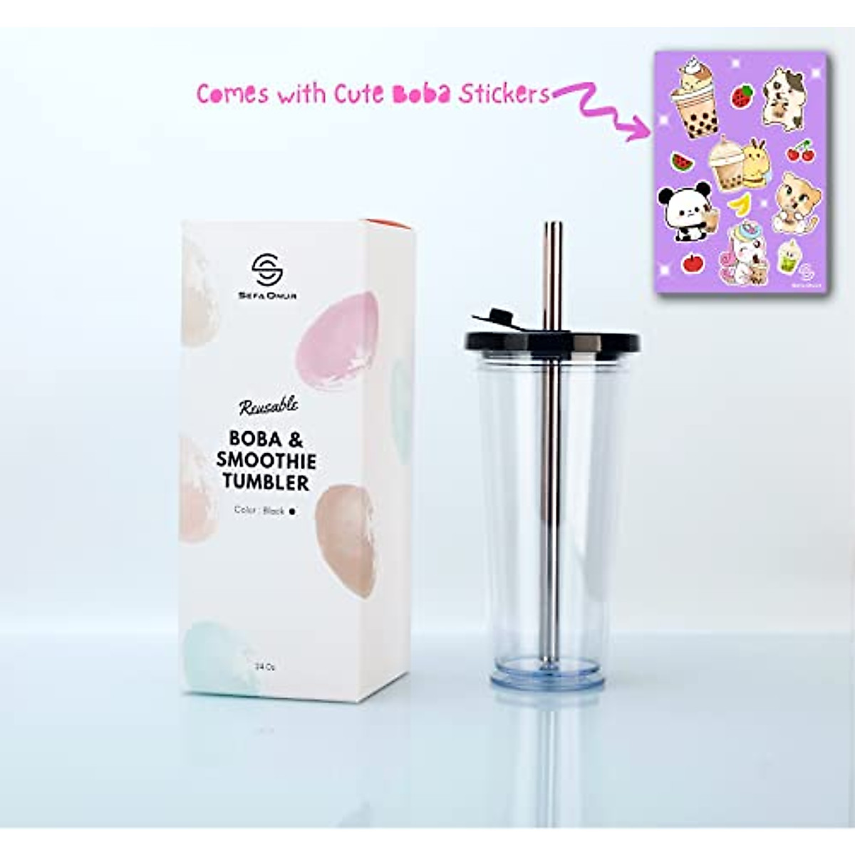 24 oz Reusable Boba Cup Smoothie Tumbler with Resealable Lid Plug, Double Wall Insulated, Boba Tea Kit, Leakproof Bubble Tea Cup, Reusable Boba Straw for Boba Pearls, Bubble Tea Kit, Boba Kit (Black)